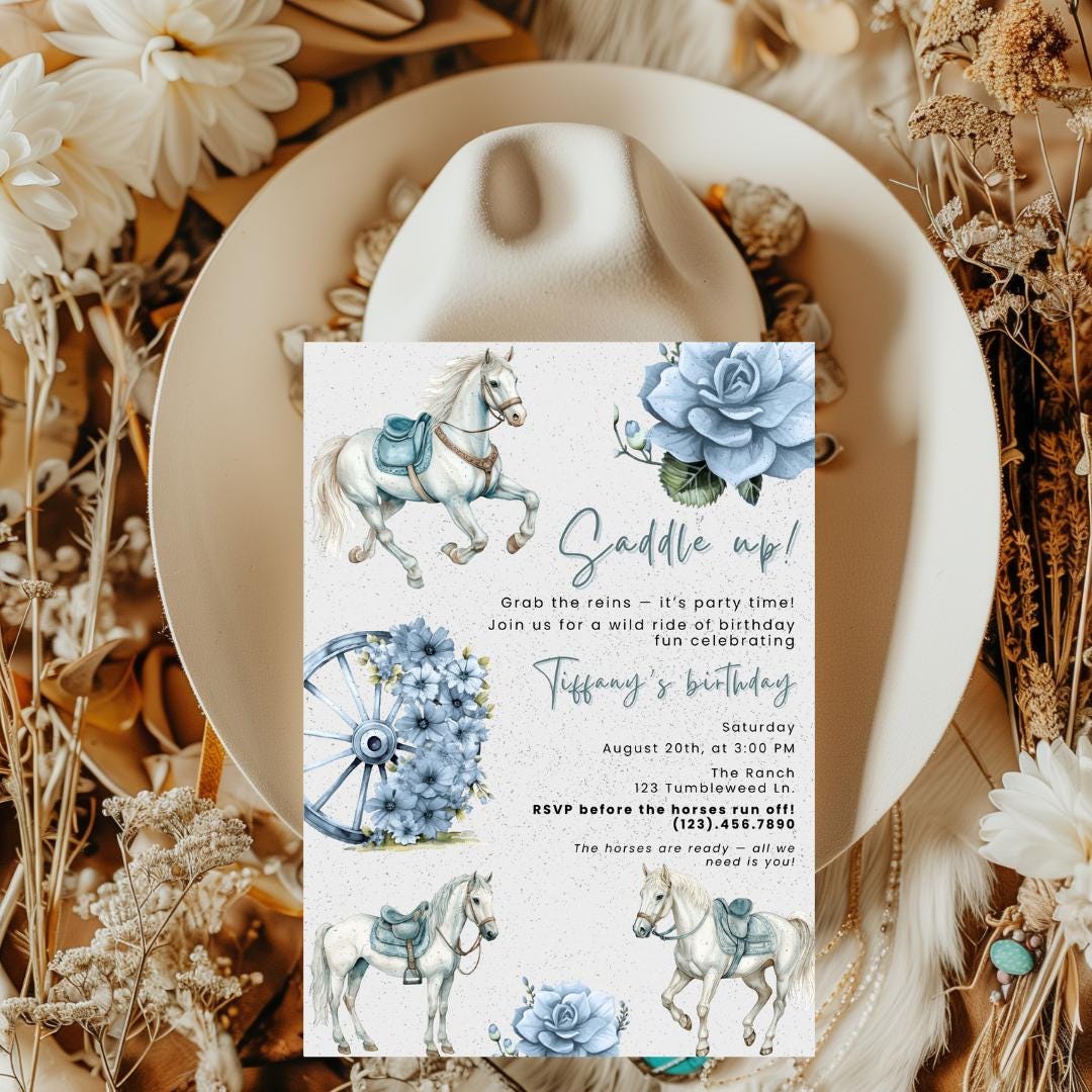 Saddle up Horse Birthday Invitation, Dusty Blue Western Girl Invite ...