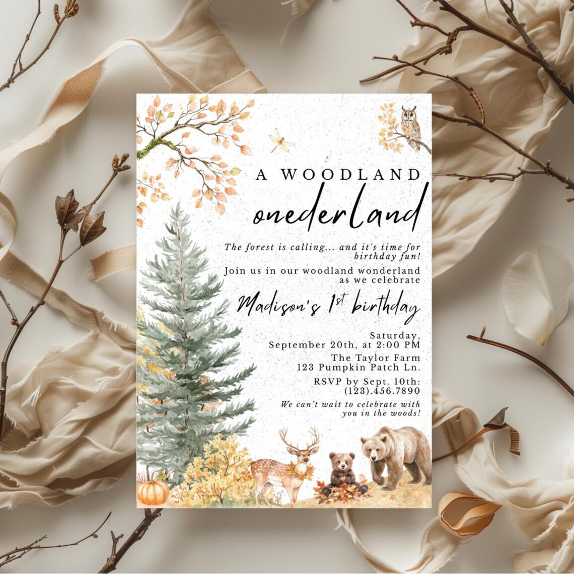 Woodland Onederland 1st Birthday Invitation, Fall Forest Animal Party ...