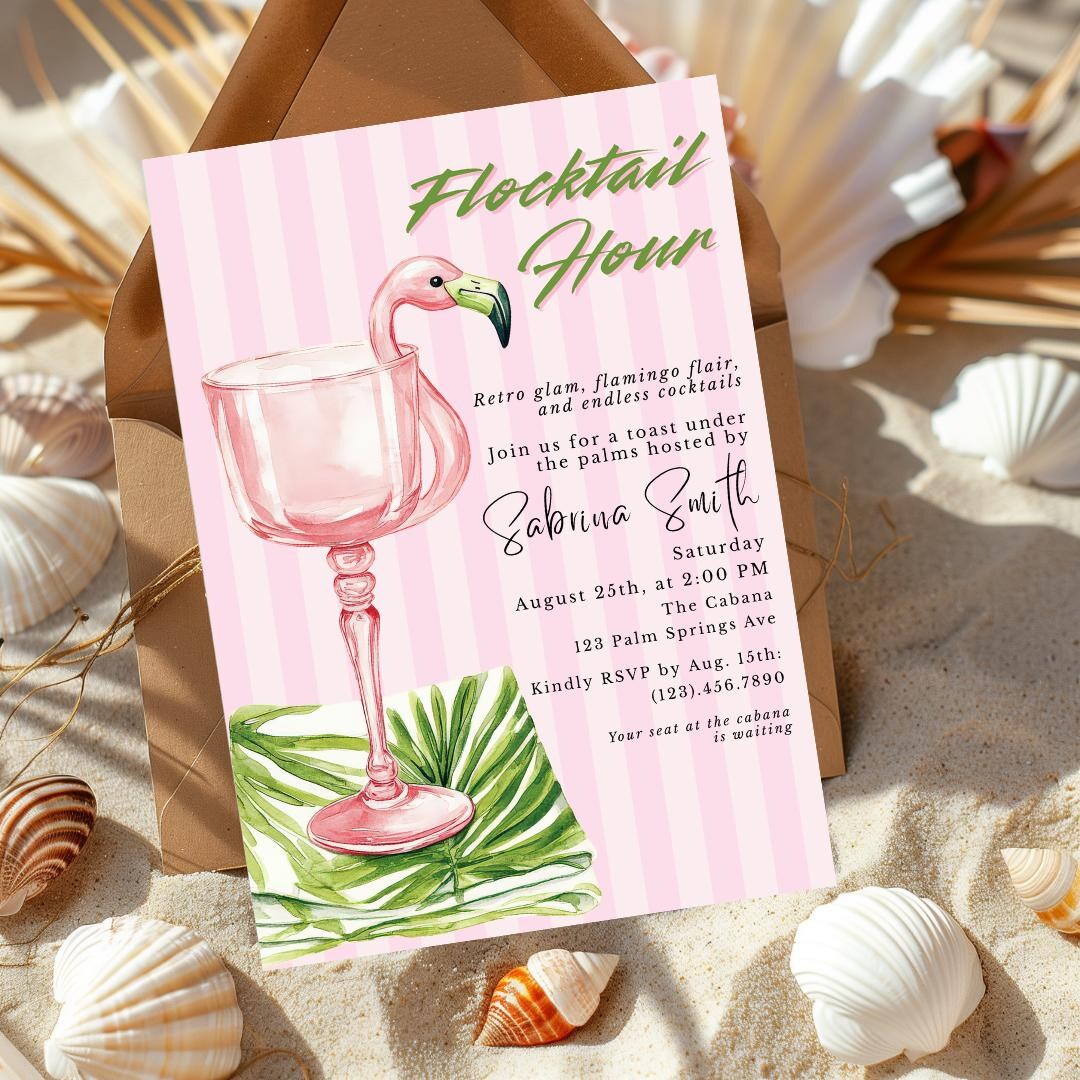 Flocktail Hour Invitation, Retro Flamingo Cocktail Party Invite, Palm ...