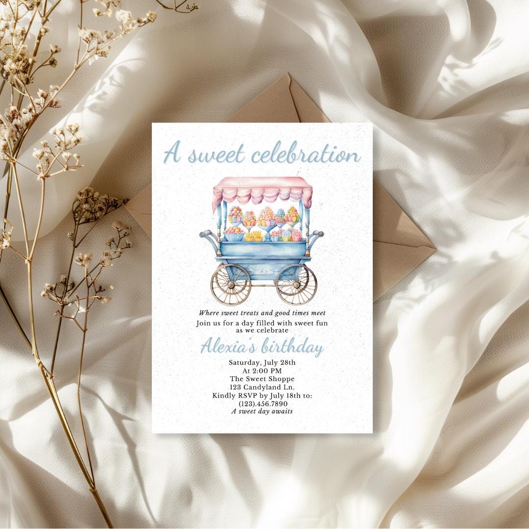 Sweet Shop Birthday Invitation, Candy Cart Party Invite, Pastel Dessert ...