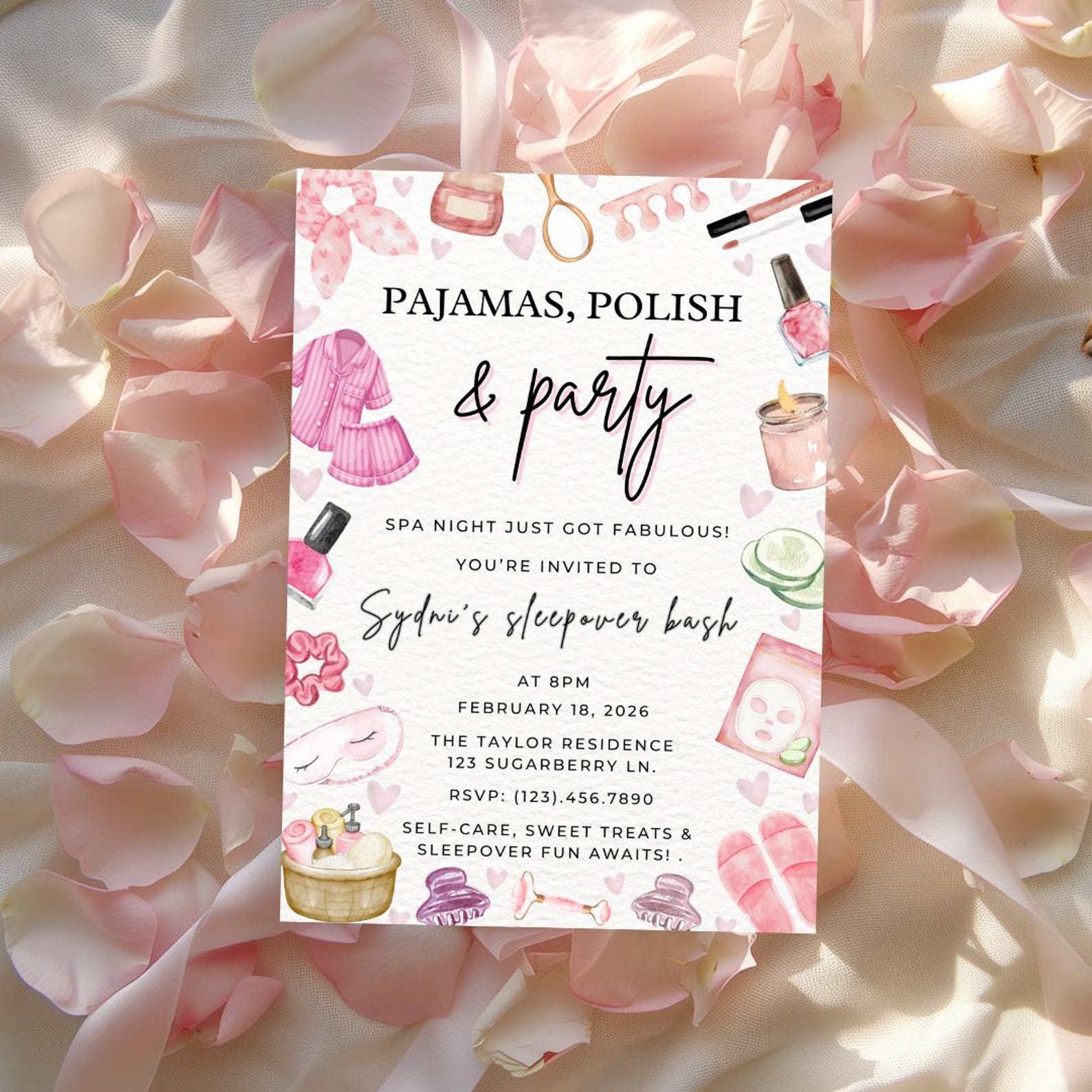 Spa Sleepover Party Invite, Girls Birthday Pajama Party Invitation ...