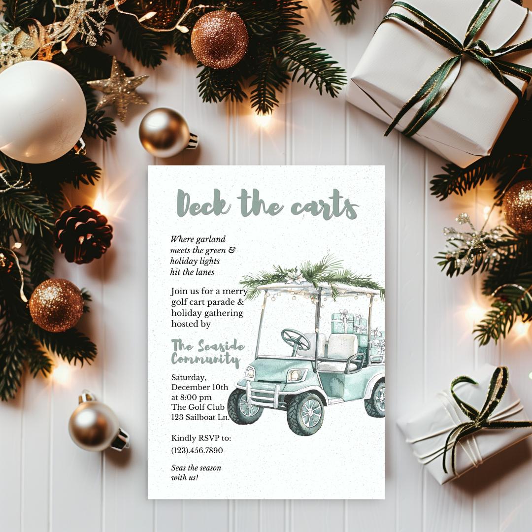 Deck the Carts Invitation, Coastal Christmas Golf Cart Parade Invite ...