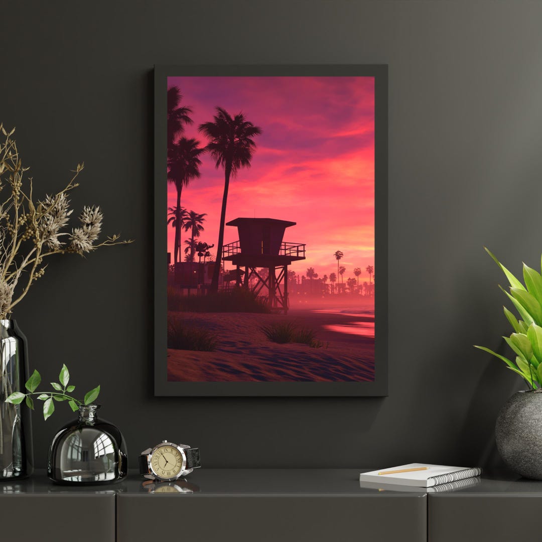 Framed Vice City Beach Sunset Poster - GTA Style Lifeguard Tower With ...