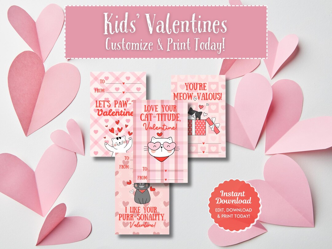Editable, Printable, Cat Valentines Day Cards, Tags, Classroom Teacher ...