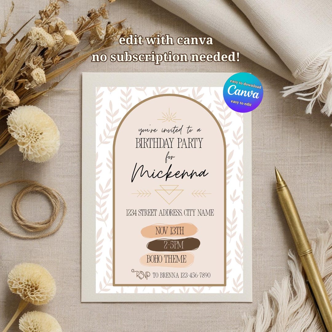 Boho Chic Birthday Invitation: Earthy Neutral, Gold Accents (digital ...