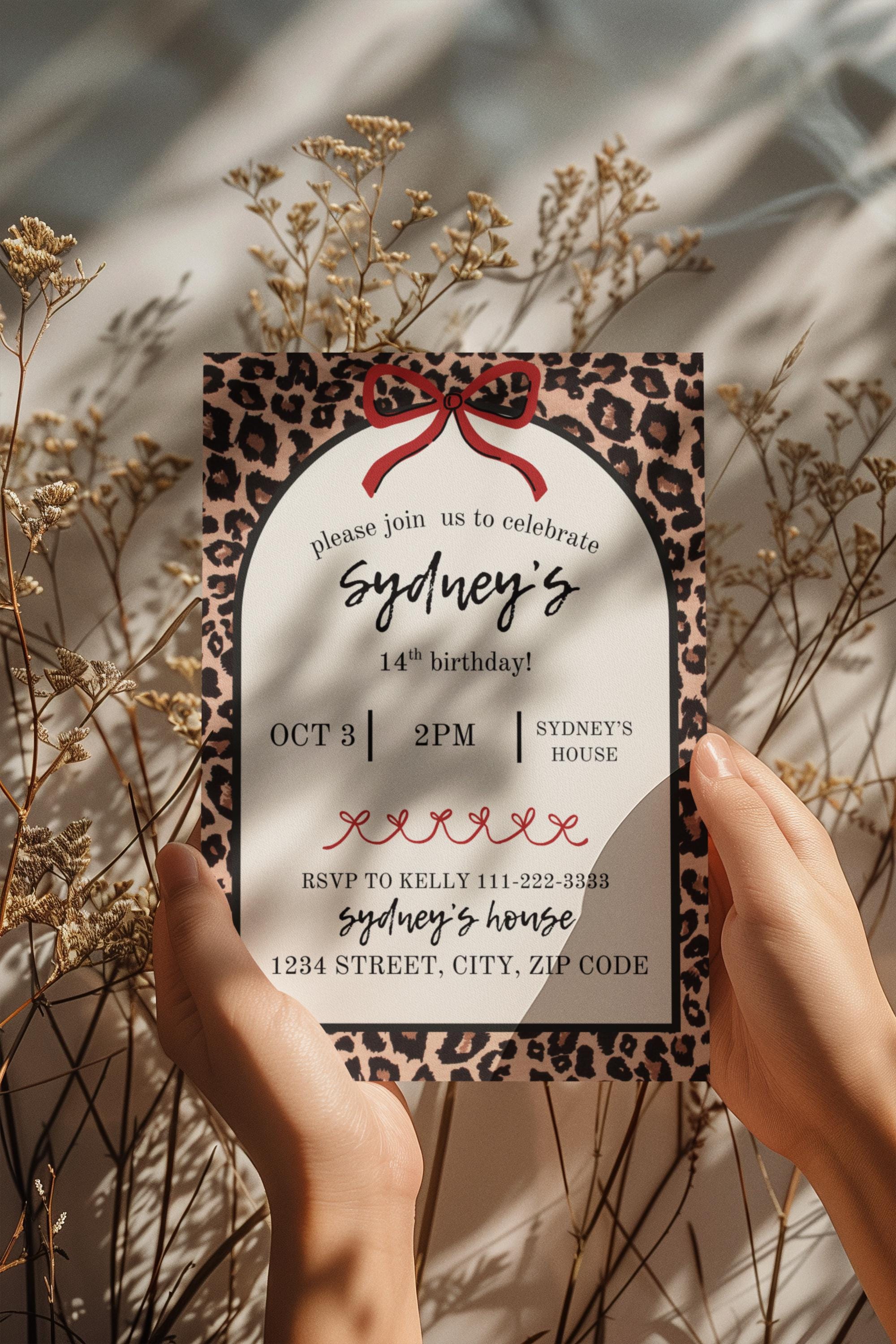 Cheetah Print Birthday Invitation: Red Bow Coquette Party Invite 21st ...