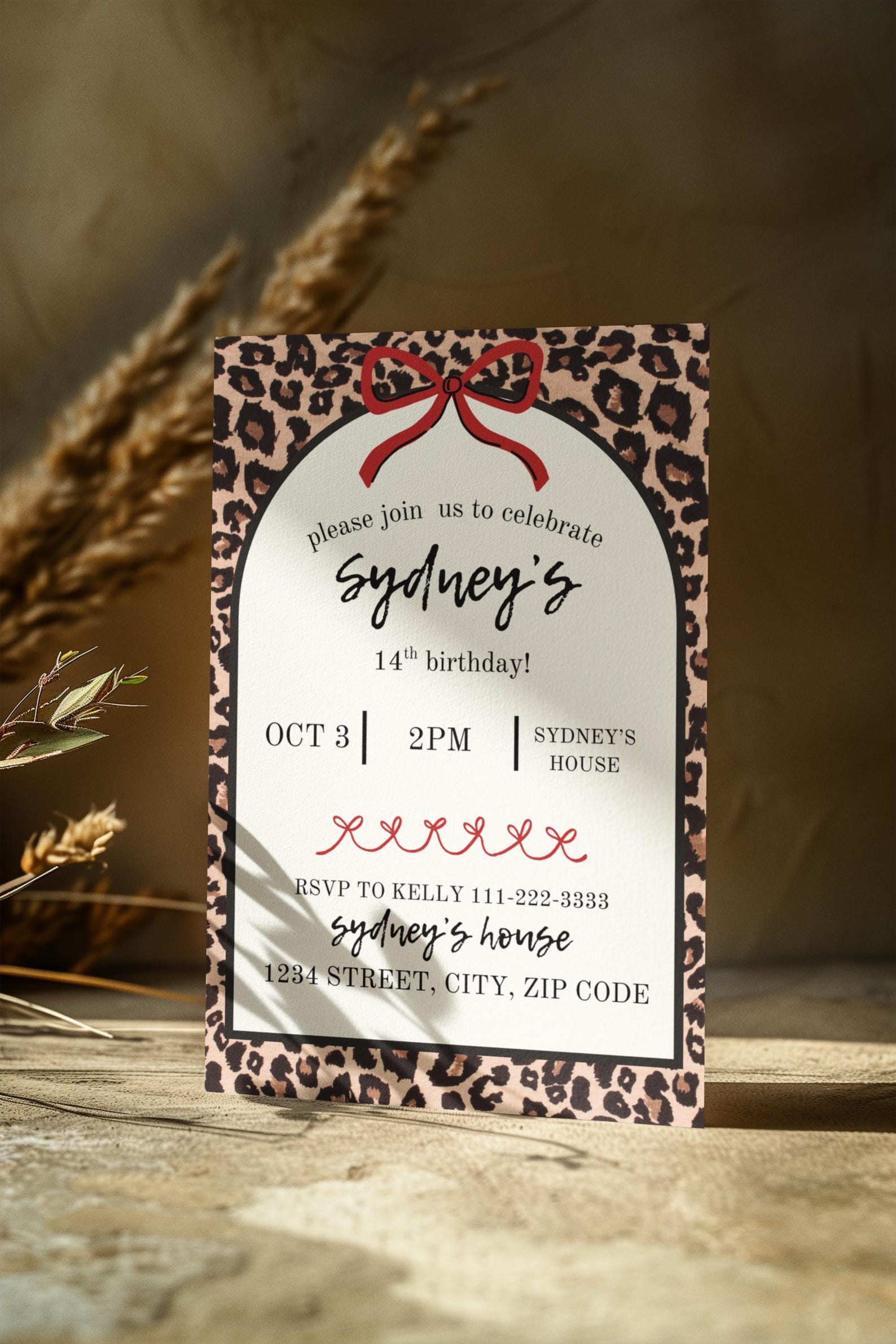 Cheetah Print Birthday Invitation: Red Bow, Coquette Style - Etsy