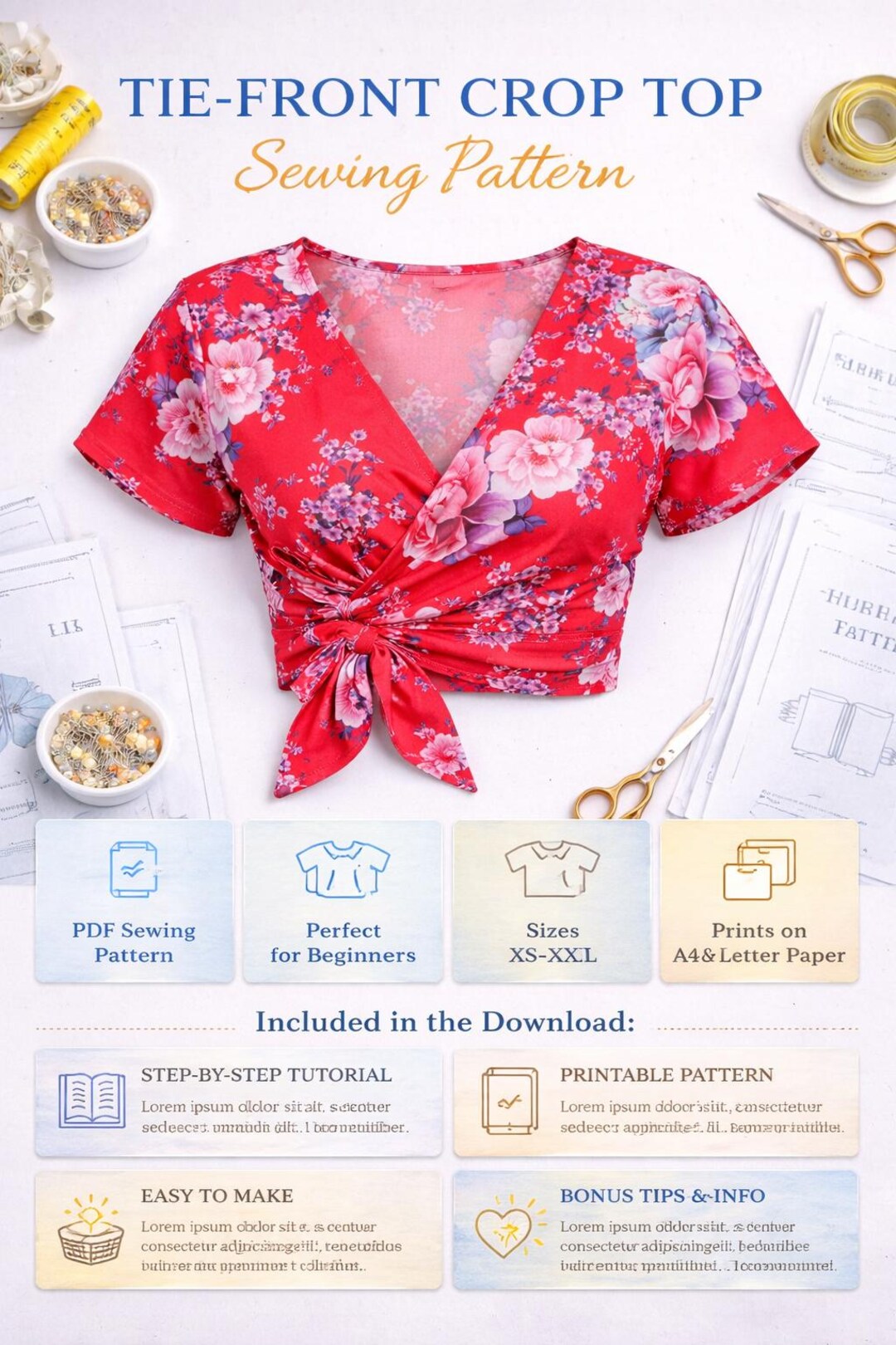 Sewing Wrap Top PDF Pattern, Step by Step Photo Tutorial, Tie Front ...