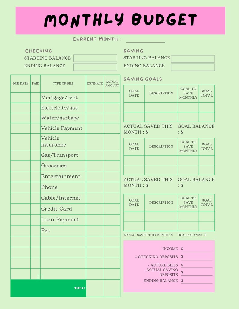 Pink & Green Monthly Budget Tracker | Printable Finance Planner ...