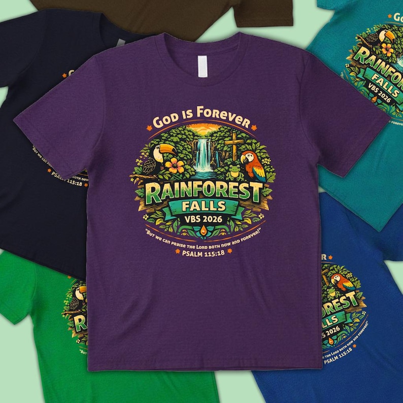 Rainforest Falls VBS 2026 | God is Forever | Jungle | Christian T-shirt ...
