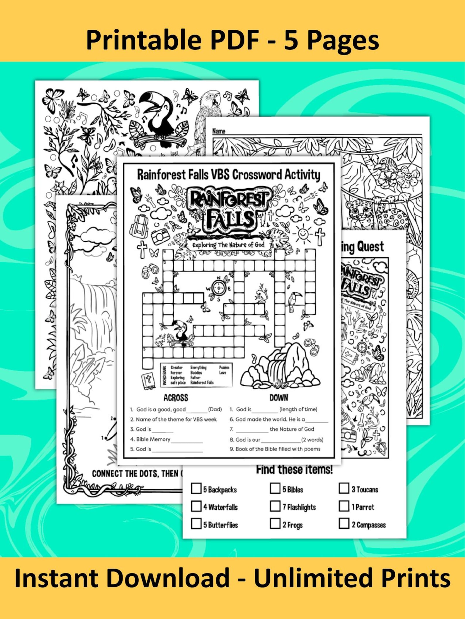 Rainforest Falls VBS Coloring Bundle With Diverse Word Games and Dot-to ...