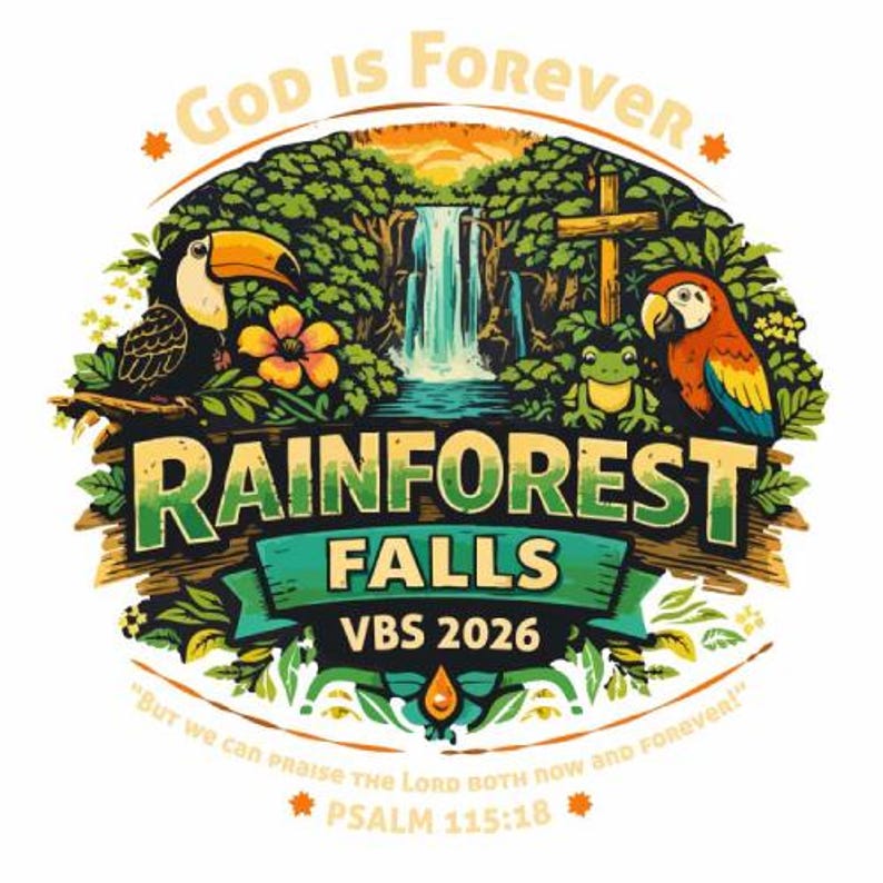 Rainforest Falls VBS 2026 | God is Forever | Jungle | Christian T-shirt ...