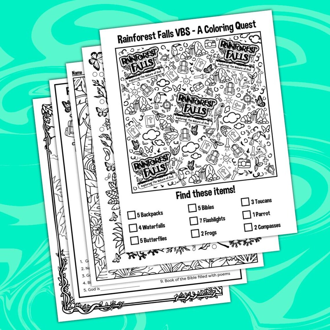Rainforest Falls VBS Coloring Bundle With Diverse Word Games and Dot-to ...