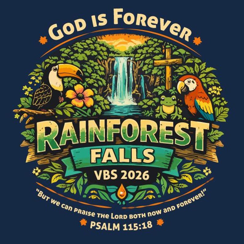 Rainforest Falls VBS 2026 | God is Forever | Jungle | Christian T-shirt ...