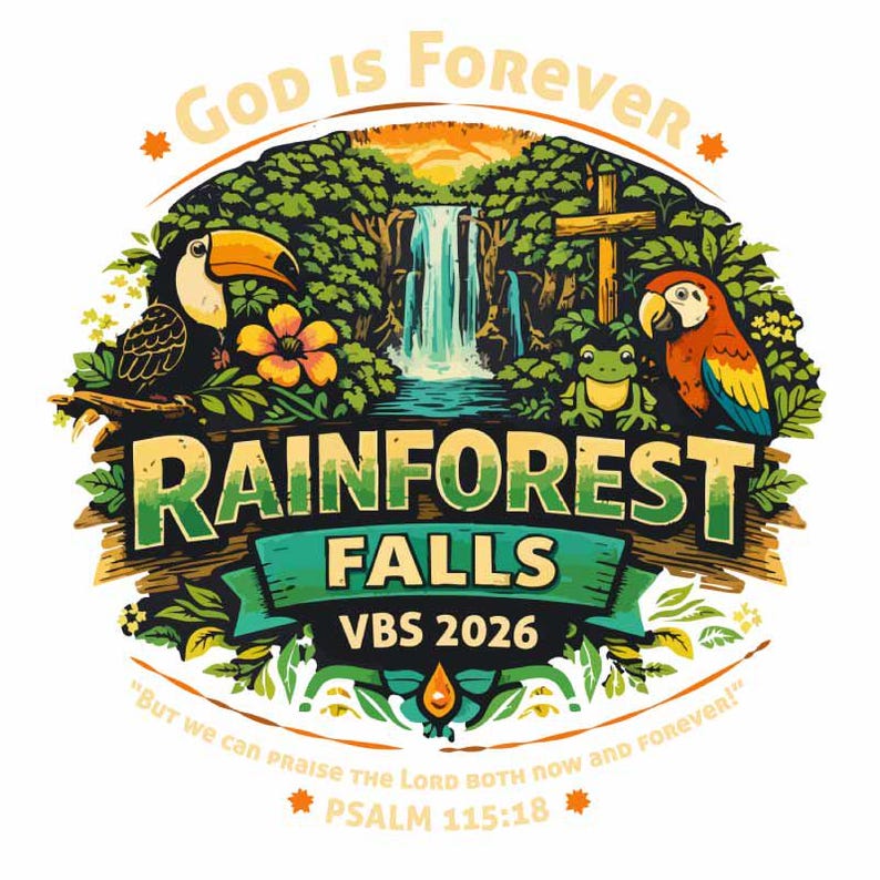 Rainforest Falls VBS 2026 | God is Forever | Jungle | Christian T-shirt ...