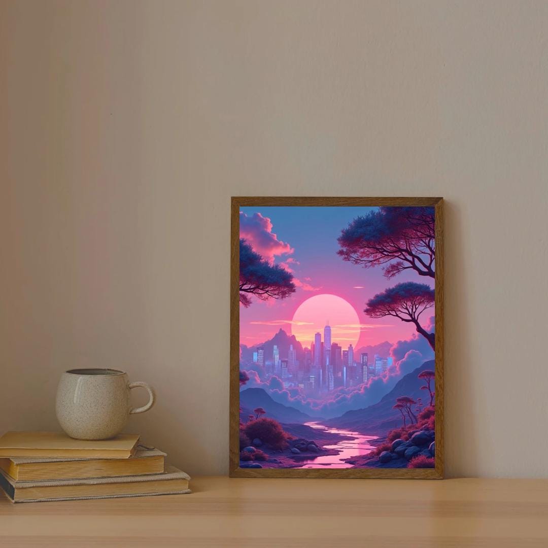 Sci Fi Neon Cyberpunk Poster City Scape Soft Pastel Colors Art Home ...