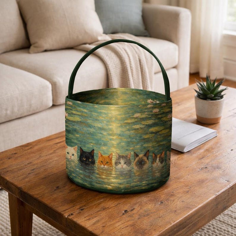 Cat Art Fabric Basket, Swimming Cats Storage Basket, Funny Cat Fabric ...