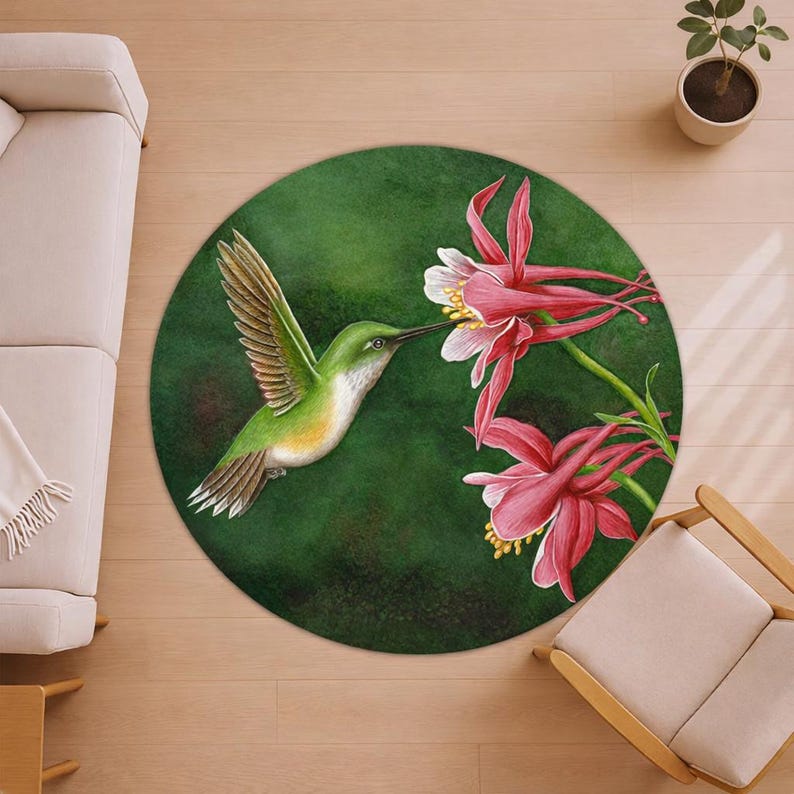Hummingbird Floral Round Rug, Botanical Nature Circle Area Rug for ...