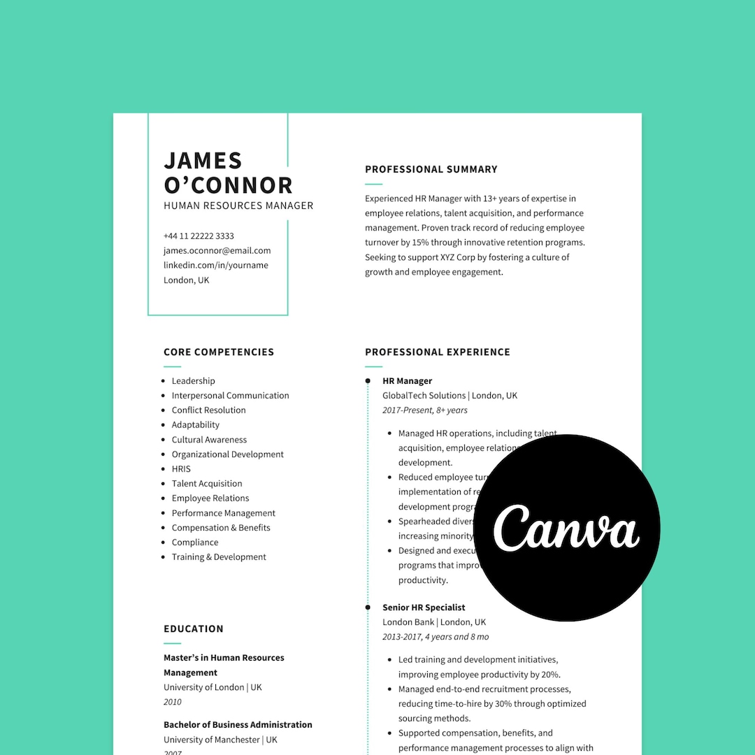 HR Manager Resume Template – Canva CV, Cover Letter (A4 & US Letter ...