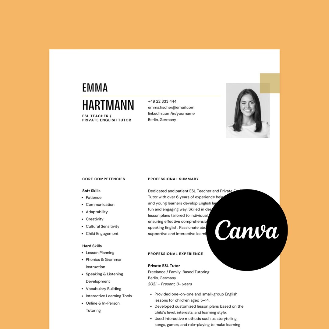 Professional ESL Teacher Resume Template With Photo - 2-page Canva CV ...
