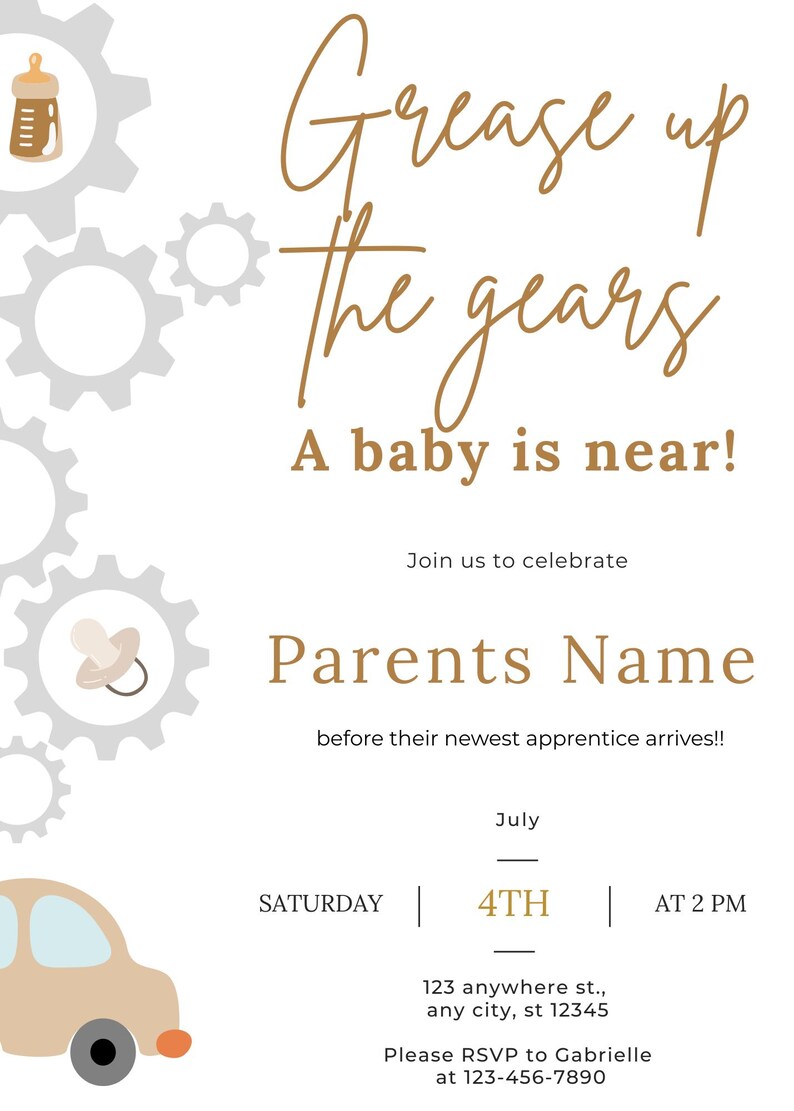 Mechanic Baby Shower Invitation | Editable Canva Template | Grease ...