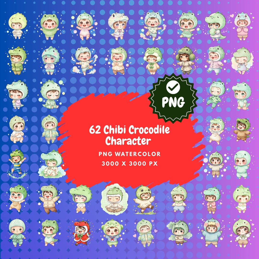 Watercolor Chibi Baby Crocodile Clipart – 62 Kawaii Croc Characters ...