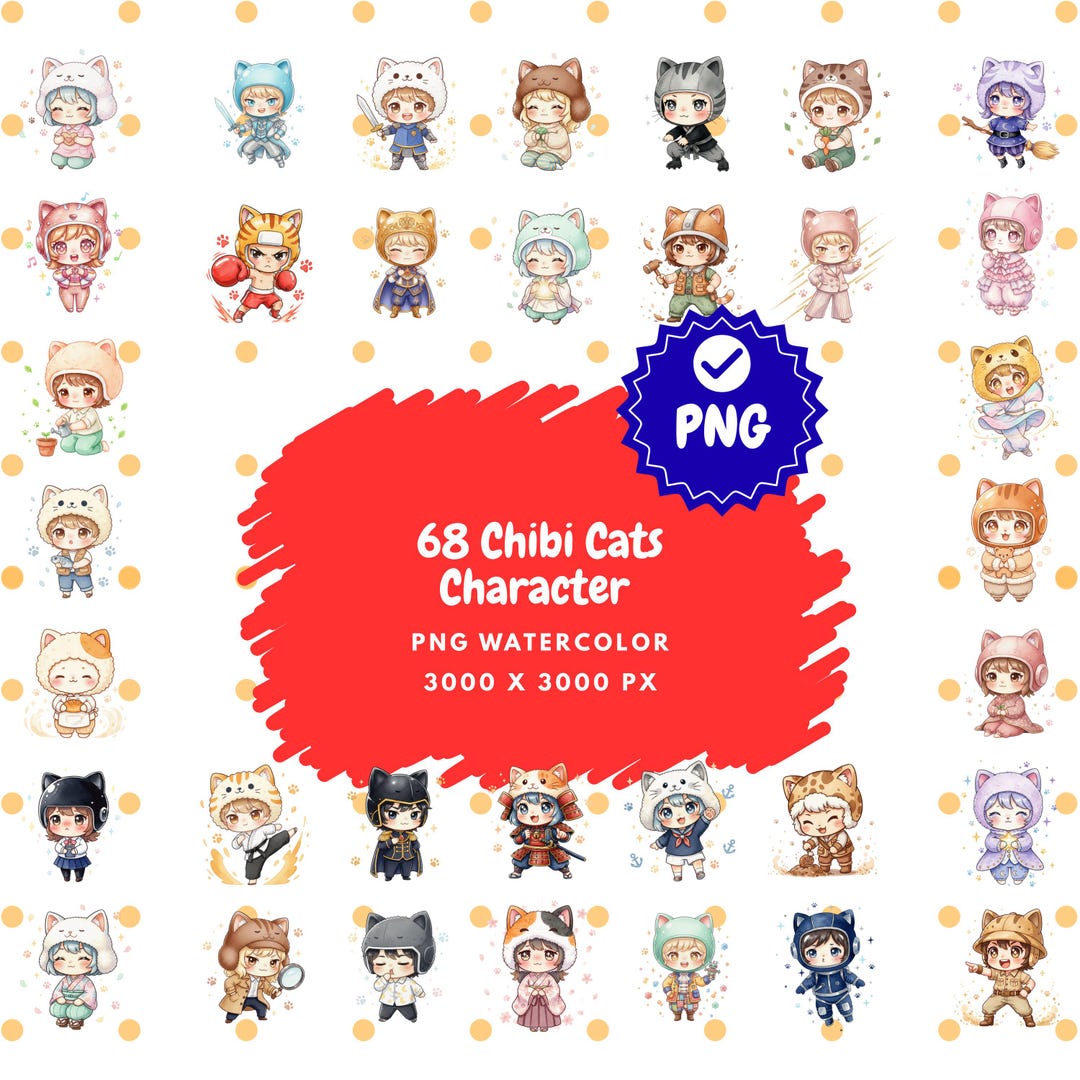 Kawaii Chibi Cat Clipart PNG Bundle, Watercolor Kitten Character ...