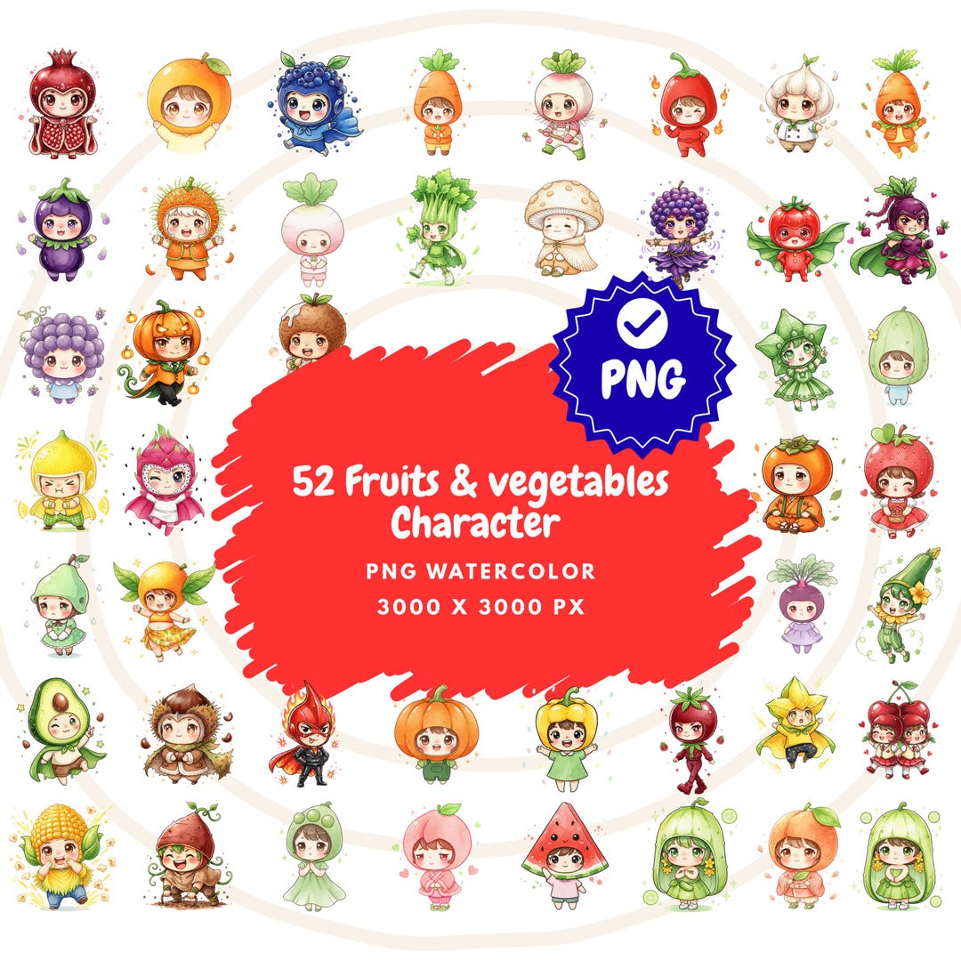 Kawaii Fruits and Vegetables Clipart PNG Bundle, Watercolor Chibi Food ...