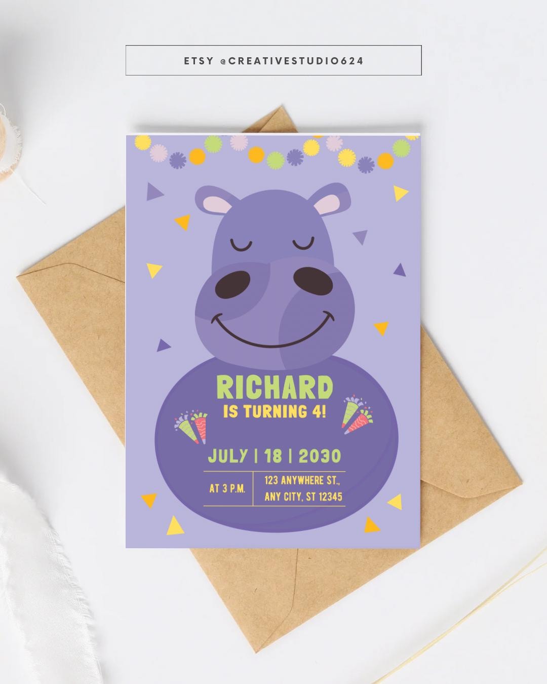 Digital Hippo Birthday Invitation Easy Editable in Canva - Easy to Edit ...