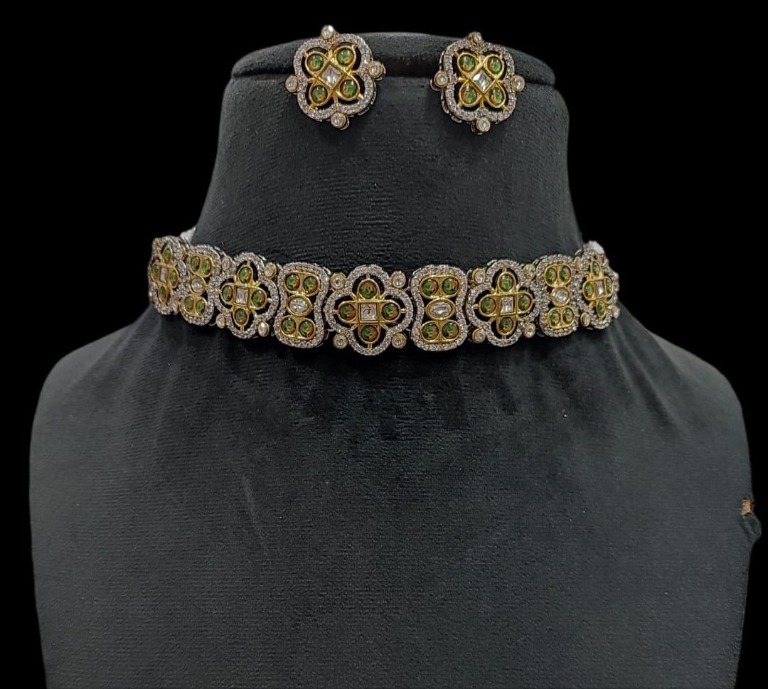 Emerald Green Polki Choker Set With Matching Earrings | Traditional ...