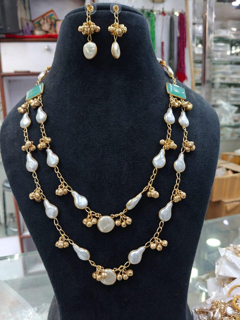 Double Strand Irregular Pearl Necklace Set | Gold Tone Beaded Indian ...