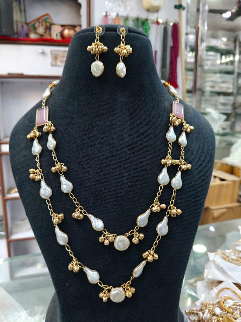Double Strand Irregular Pearl Necklace Set | Gold Tone Beaded Indian ...