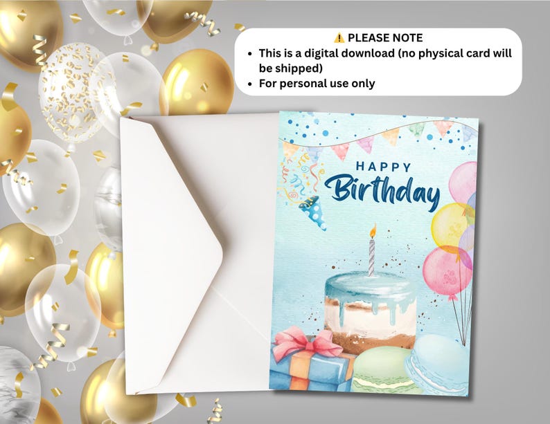 Watercolour Birthday Cake Card, Pastel Balloons, Gifts, 5x7 Digital ...