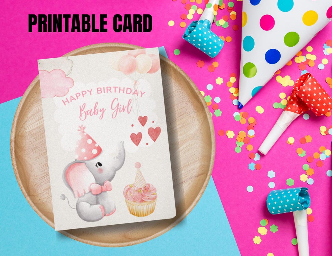 Baby Girl Birthday Card • Printable Fold‑over Pink Elephant & Cupcake ...