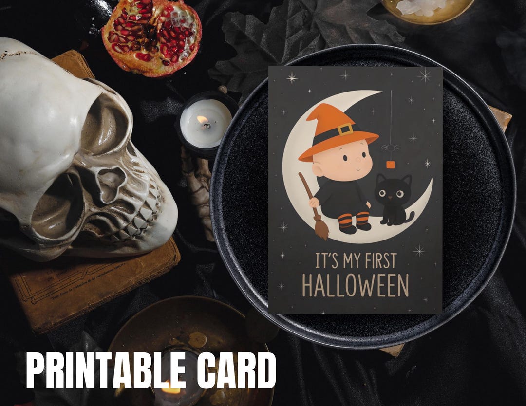 Baby’s First Halloween Card • Printable Baby Witch on Moon 5×7 ...
