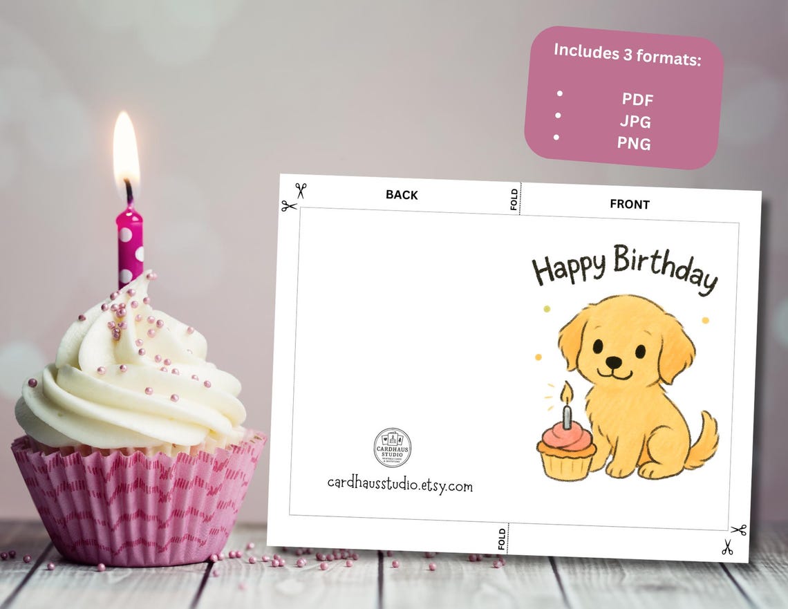 Puppy Birthday Card: Golden Retriever Pup & Cupcake (PDF + PNG Digital ...