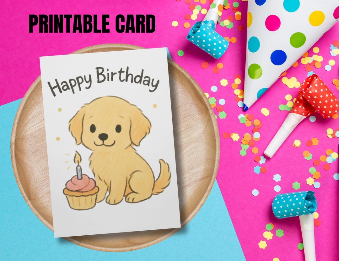 Cute Puppy Birthday Card • Printable Golden Pup & Cupcake 5×7 Fold‑over ...