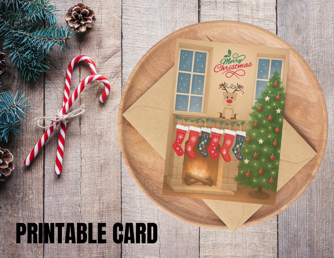 Cozy Fireplace Christmas Card, Printable Fold‑over Stockings & Tree ...