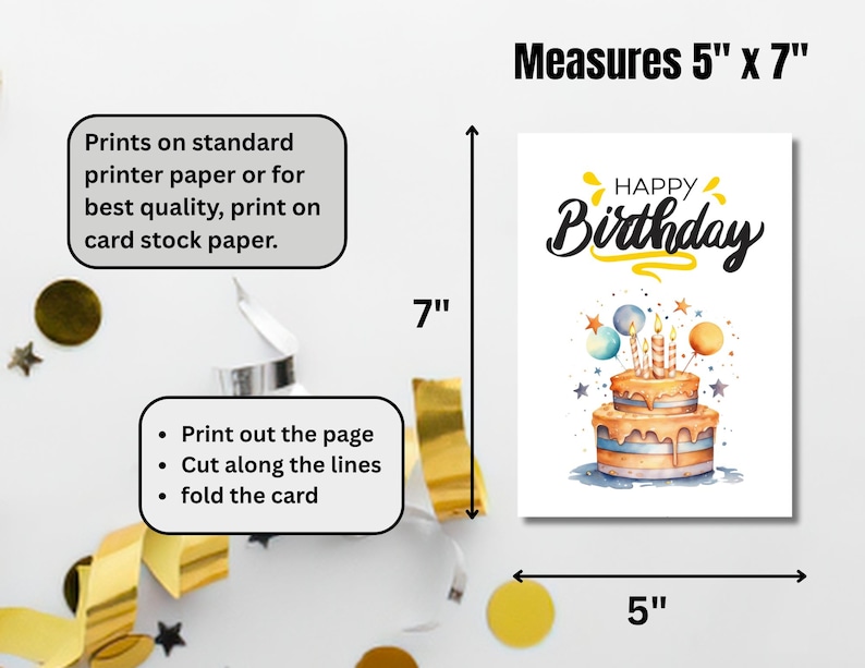 Elegant Happy Birthday Card, Printable Modern Script Birthday Cake Card ...
