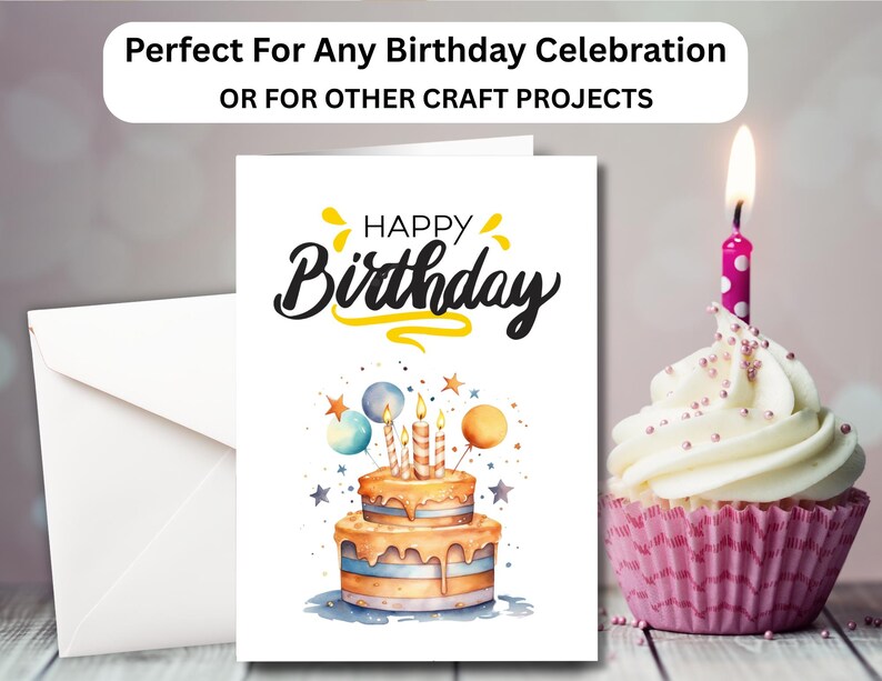 Elegant Happy Birthday Card, Printable Modern Script Birthday Cake Card ...