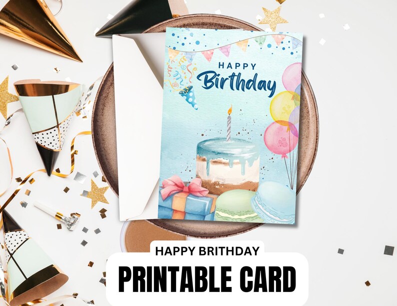 Watercolour Birthday Cake Card, Pastel Balloons, Gifts, 5x7 Digital ...