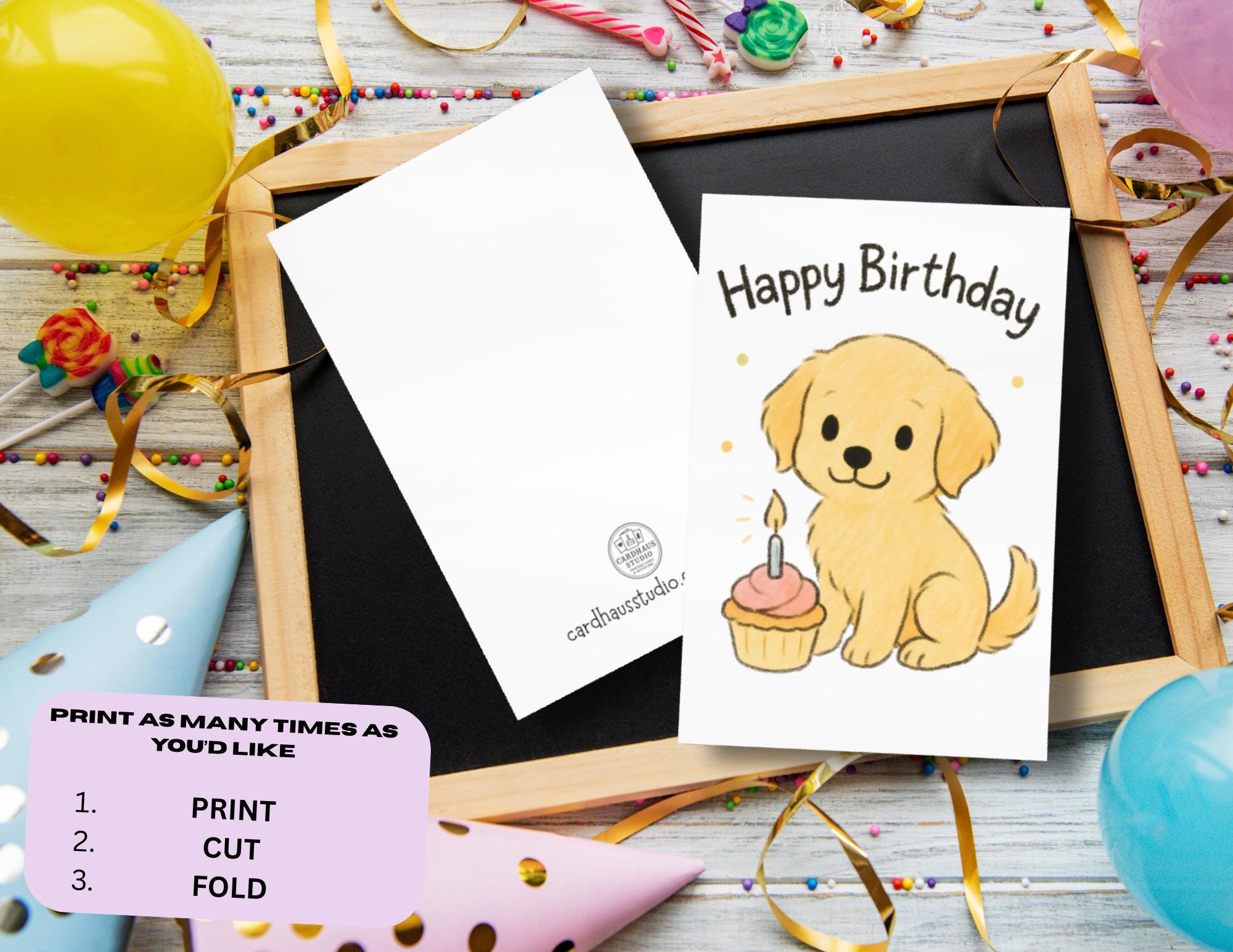 Puppy Birthday Card: Golden Retriever Pup & Cupcake (PDF + PNG Digital ...