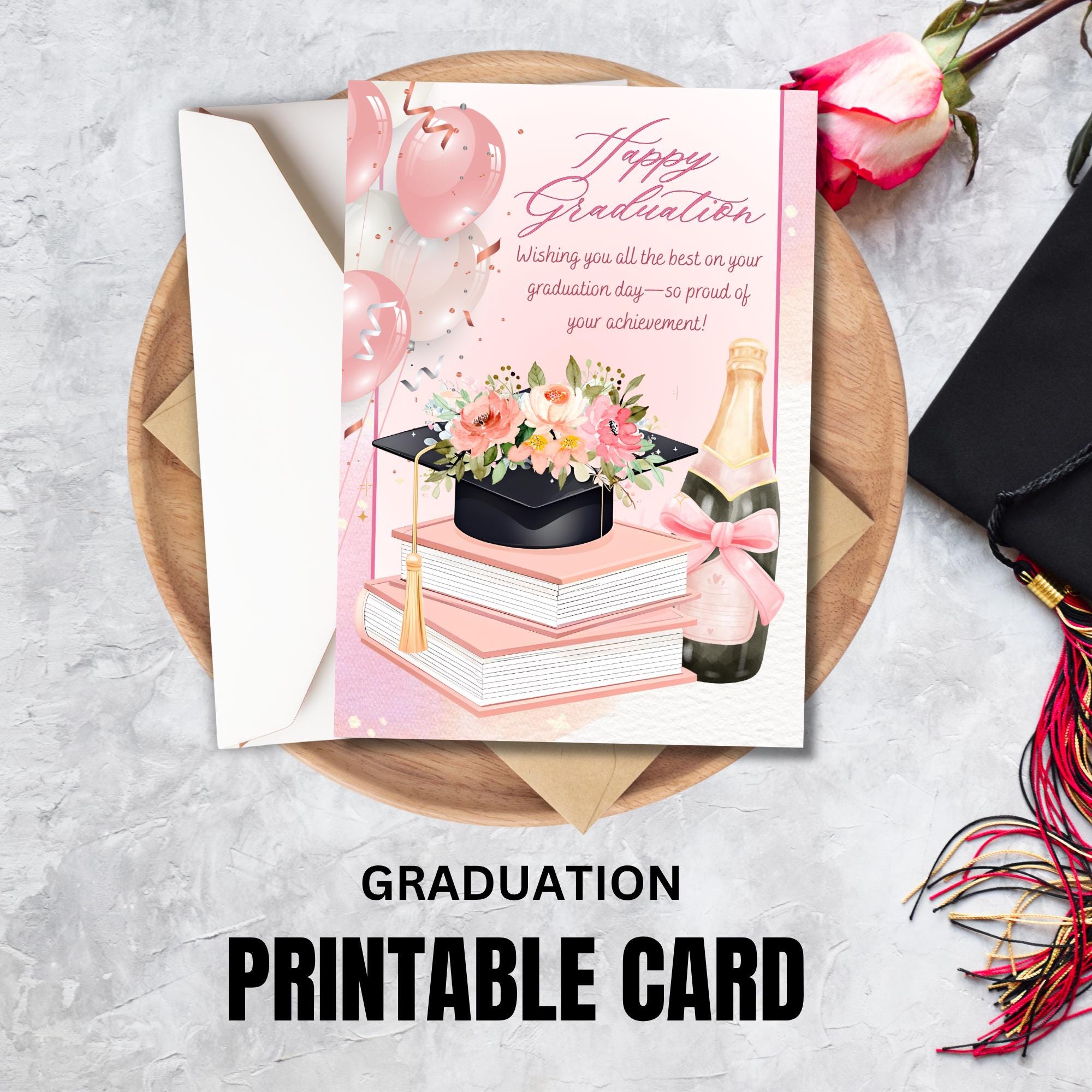Floral Graduation Card Printable, Pink Grad Cap With Books, Convocation ...