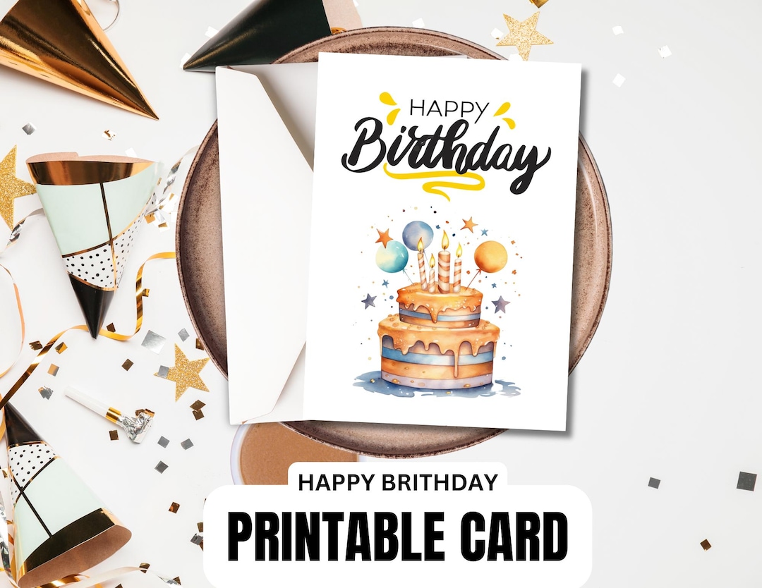 Elegant Happy Birthday Card, Printable Modern Script Birthday Cake Card ...