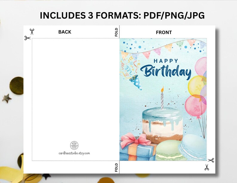 Watercolour Birthday Cake Card, Pastel Balloons, Gifts, 5x7 Digital ...