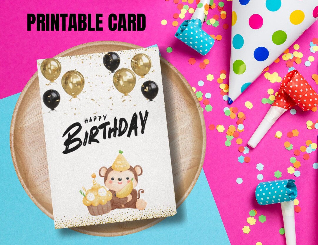 Monkey Birthday Card: Gold & Black Jungle Party (PDF + PNG Downloadable ...