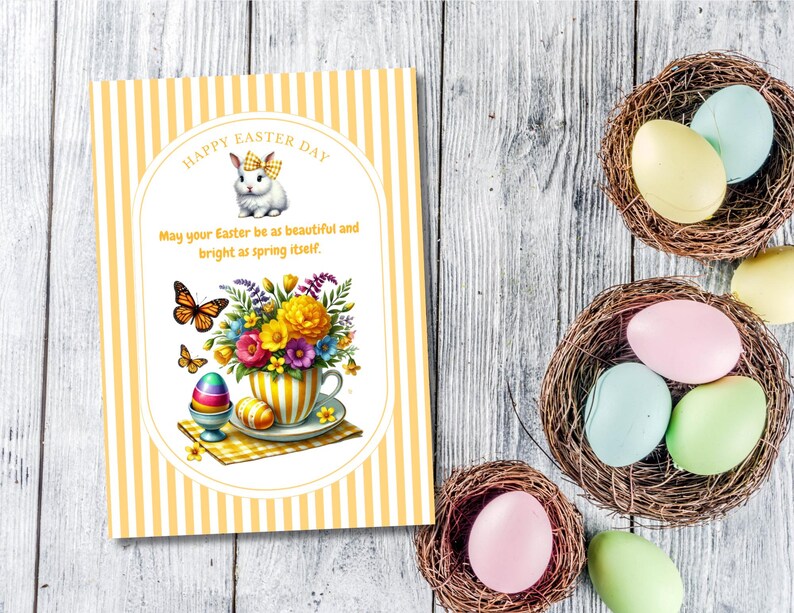 Printable Easter Card | Bunny, Florals, Yellow Stripes (digital ...