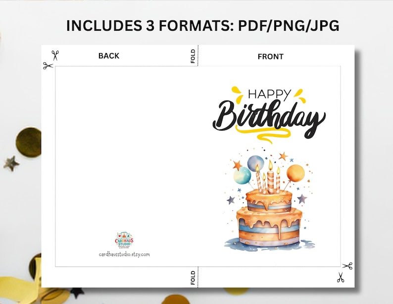 Elegant Happy Birthday Card, Printable Modern Script Birthday Cake Card ...
