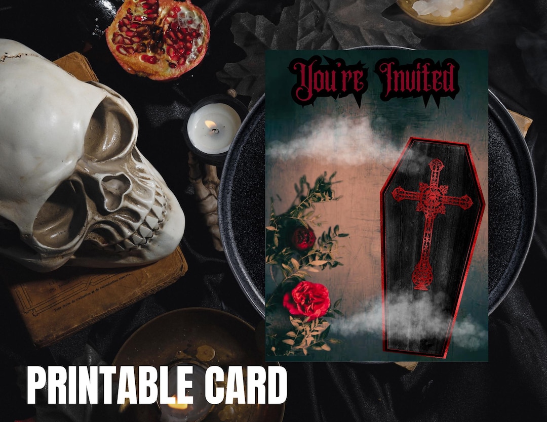 Vampire Coffin Halloween Invitation | Gothic Roses, Bats Design ...
