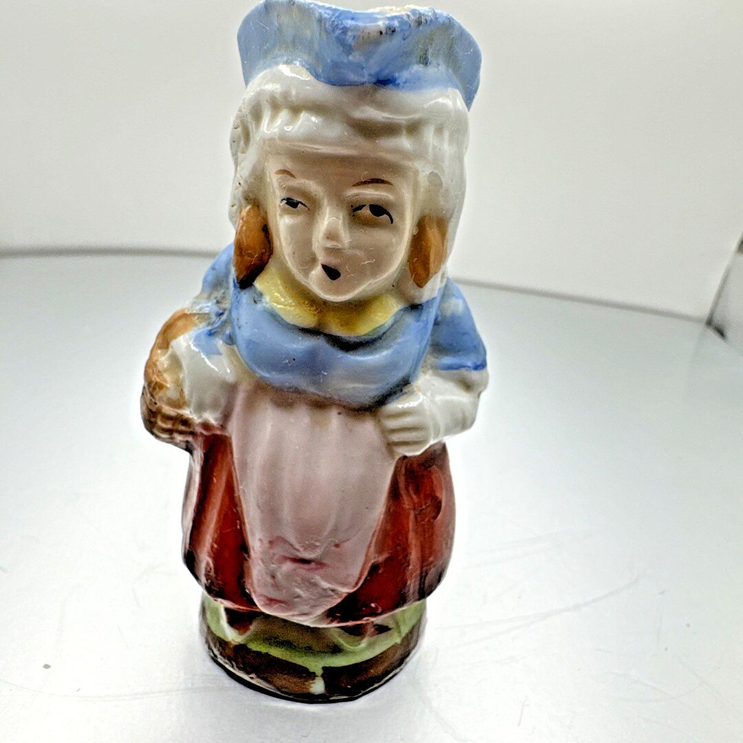 Antiq. Colonial Woman Toby Jug Style Hand Painted Ceramic Pitcher 3 1/8 ...